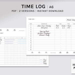 Time Log | A6 Rings Printable Planner Inserts | Work Activity Study ...