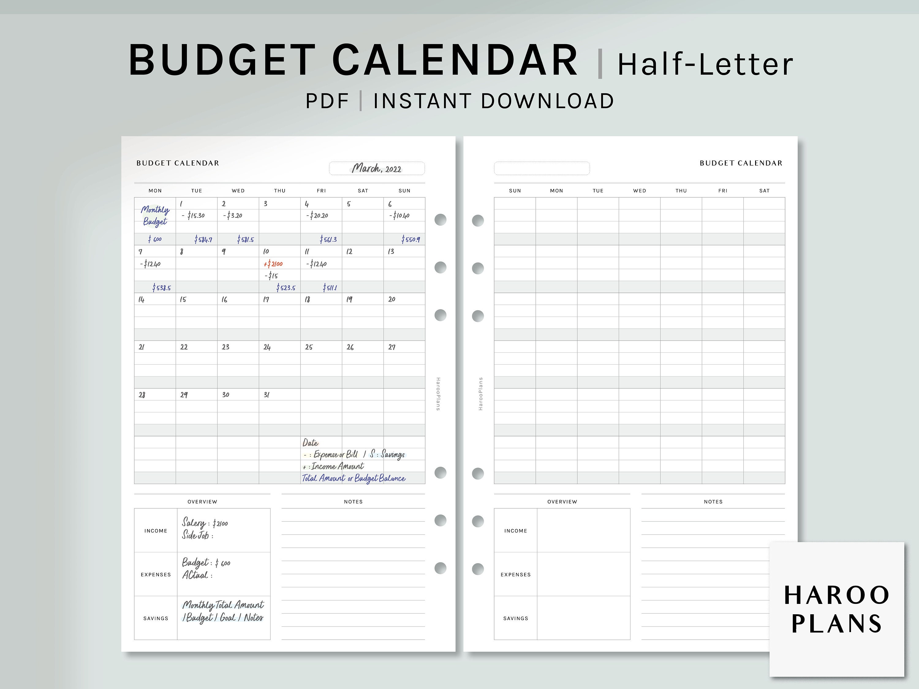 Budget Calendar Half-letter Printable Planner Inserts - Etsy