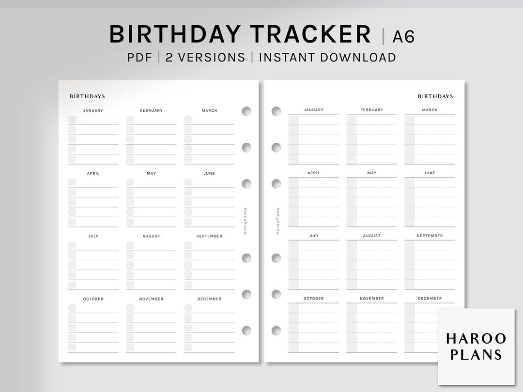 Birthday Tracker | A6 Ring | Printable Planner Inserts | Yearly ...