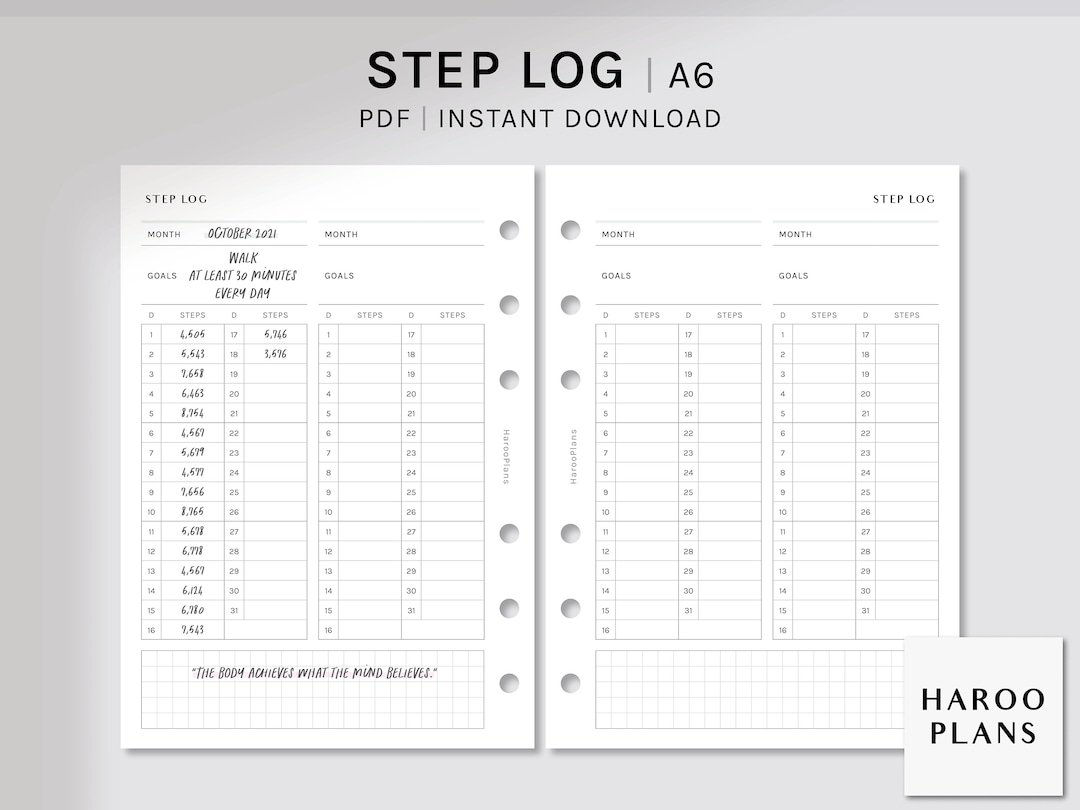 Step Log A6 Printable Planner Inserts Health Journal Template Walking ...