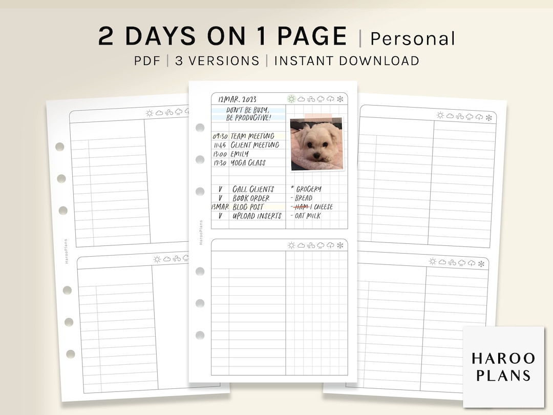 2 Days on 1 Page | Personal Printable Planner Inserts | 2D1P Daily ...