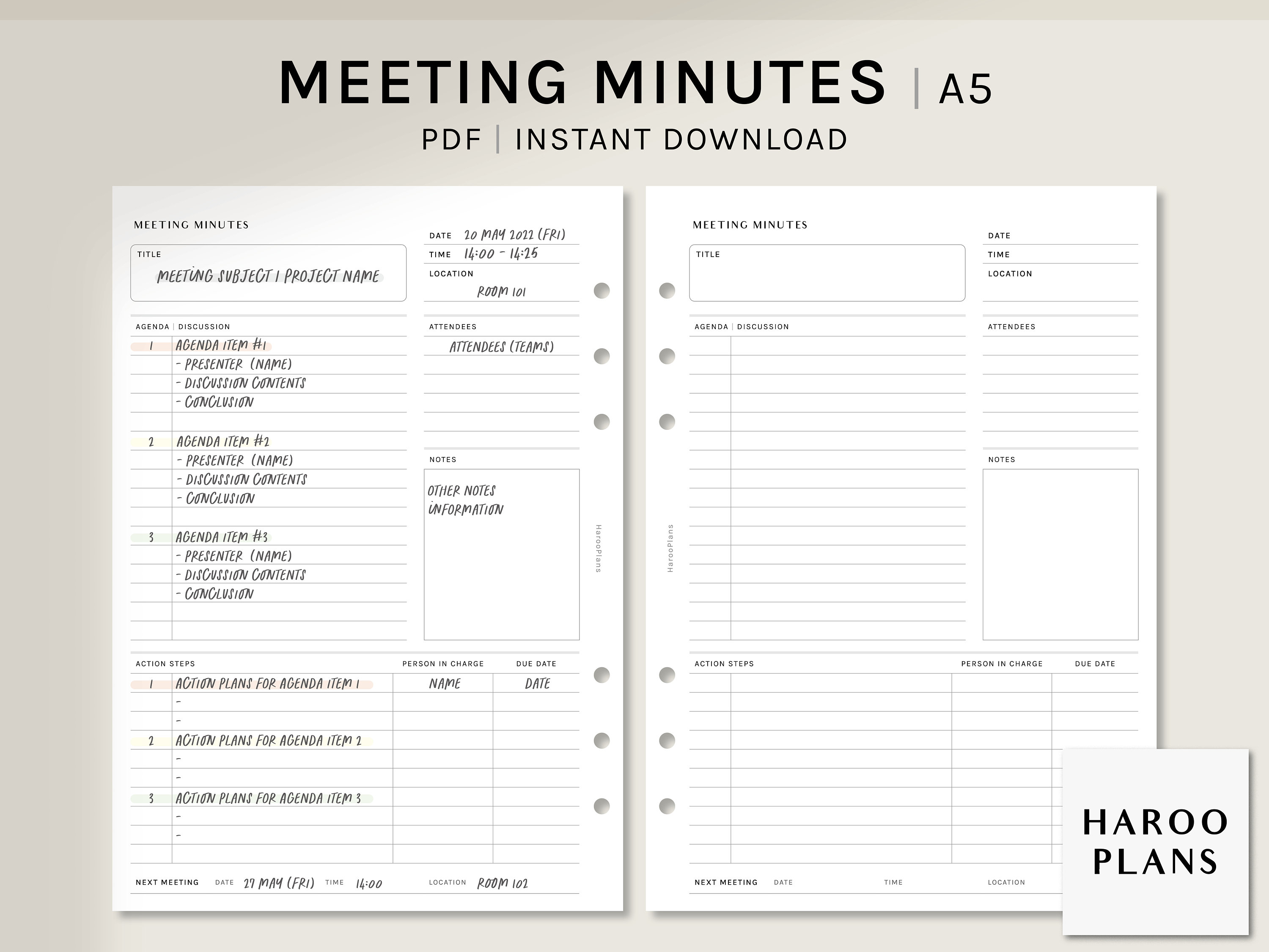 Meeting Minutes A5 Printable Planner Inserts Project - Etsy