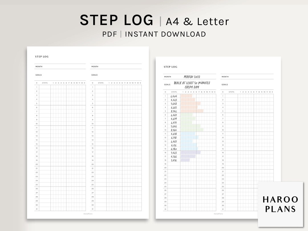 Step Log | A4, US Letter Printable Planner Inserts | Health Journal ...