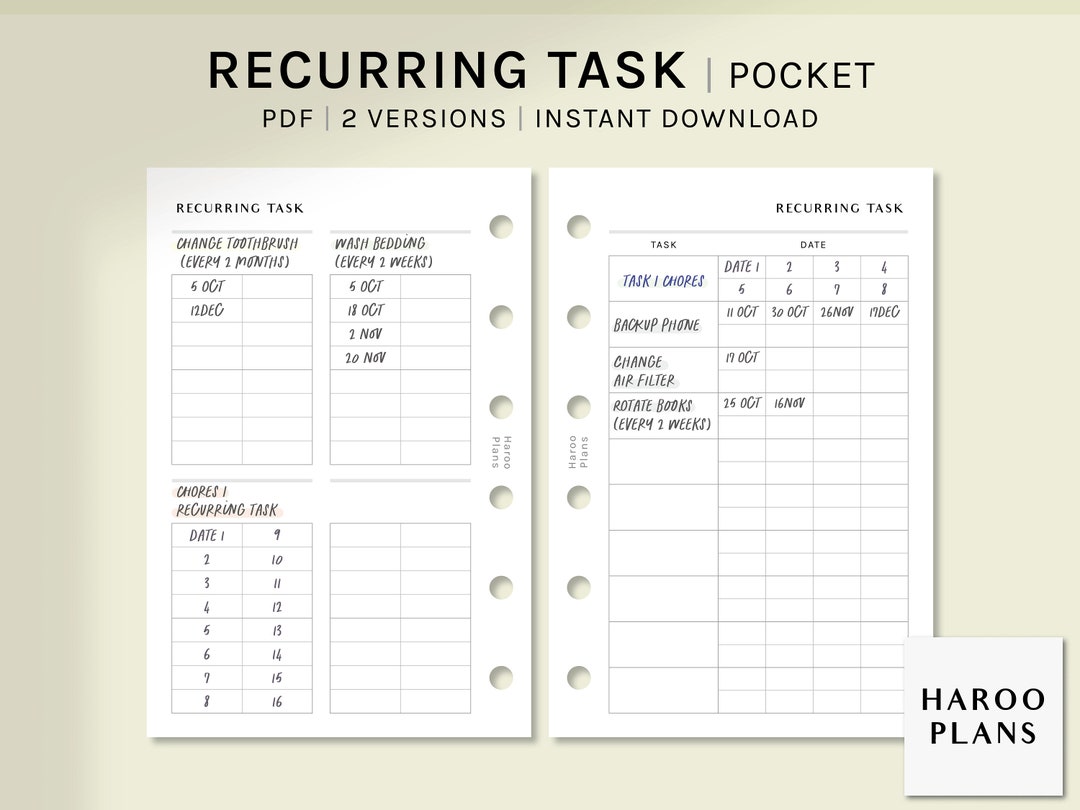 Recurring Task Log | Pocket Size Printable Planner Inserts | Chores ...