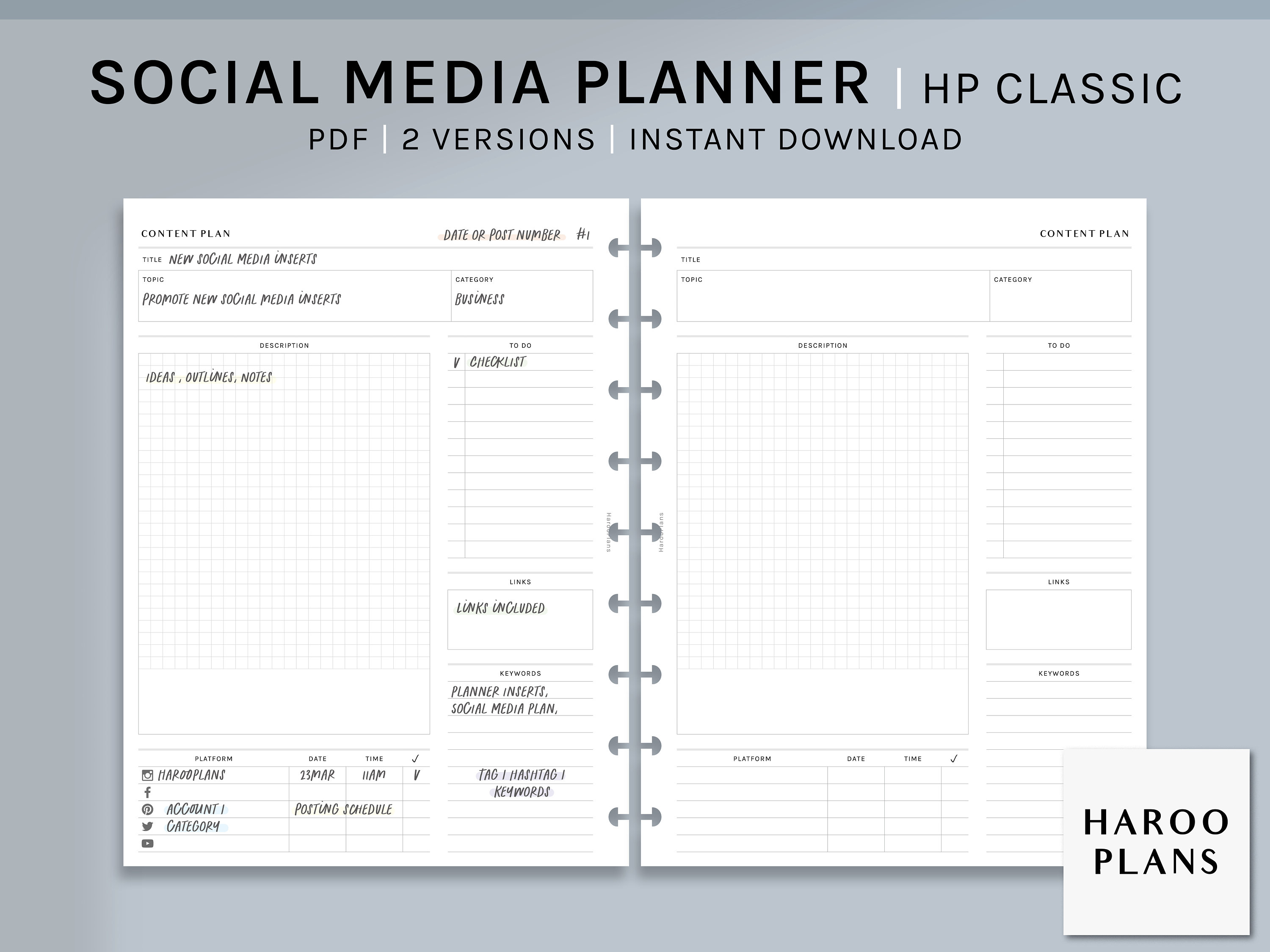 Content Planner HP Classic Printable Inserts Social Media - Etsy