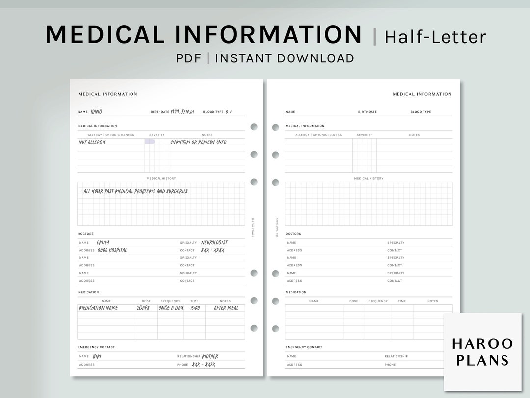 Medical Information Sheet | Half-letter Printable Planner Inserts ...
