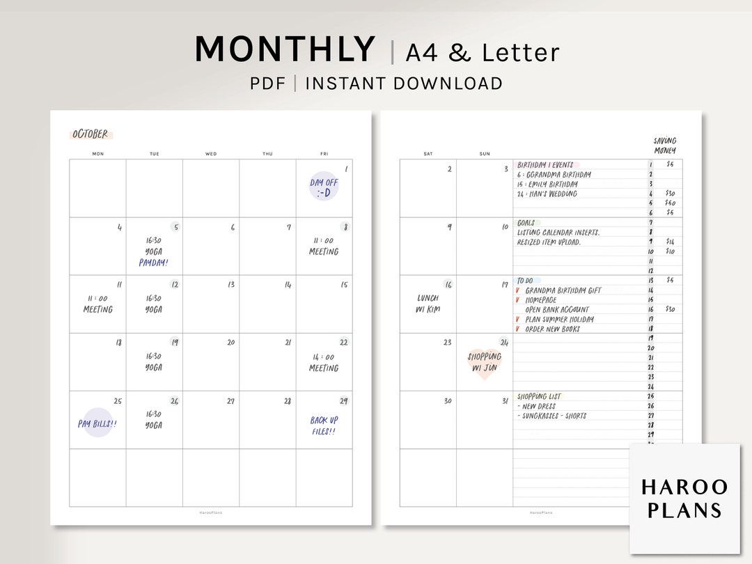 Undated Monthly A4, US Letter Printable Planner Inserts Simple MO2P ...