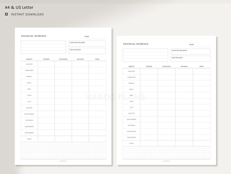 Yearly Financial Overview | A4, US Letter Printable Planner Inserts ...