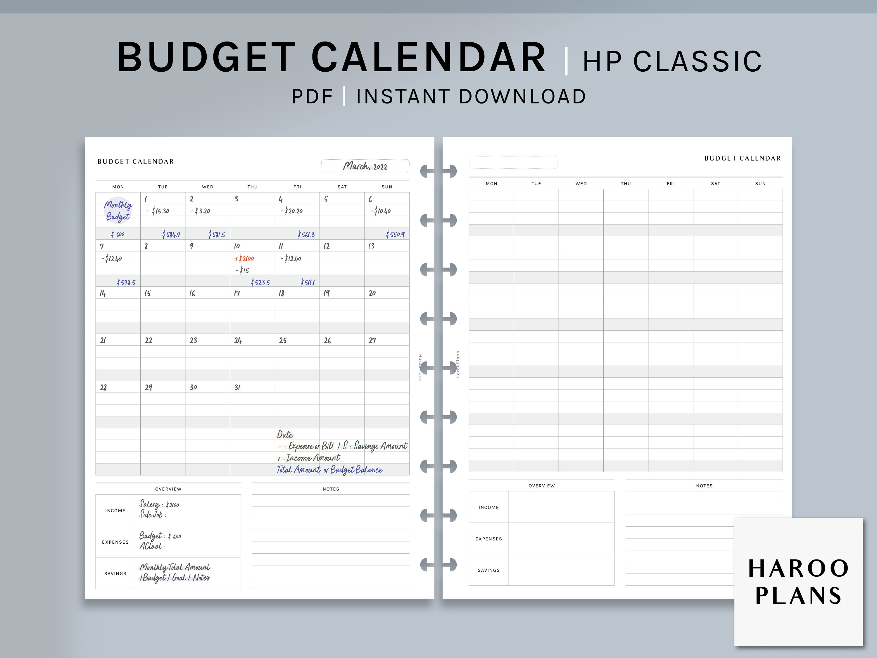 Budget Calendar | HP Classic Printable Happy Planner Inserts | Monthly ...