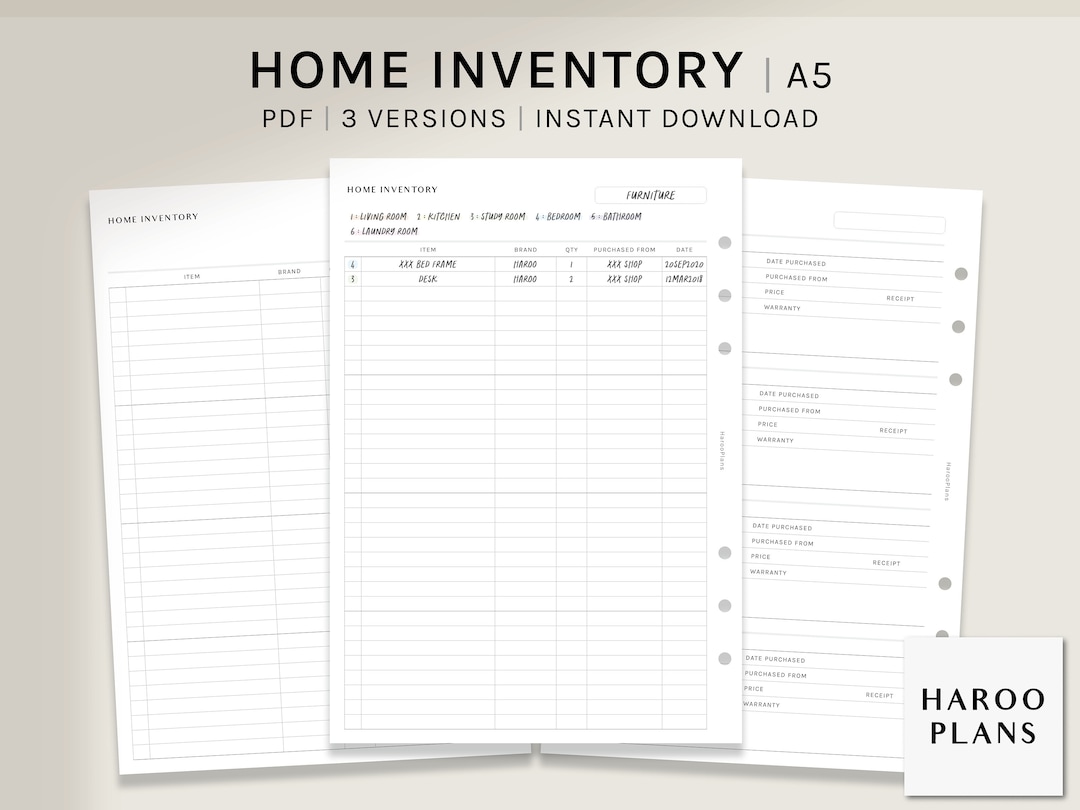 Home Inventory | A5 Printable Planner Inserts | Household Supplies ...