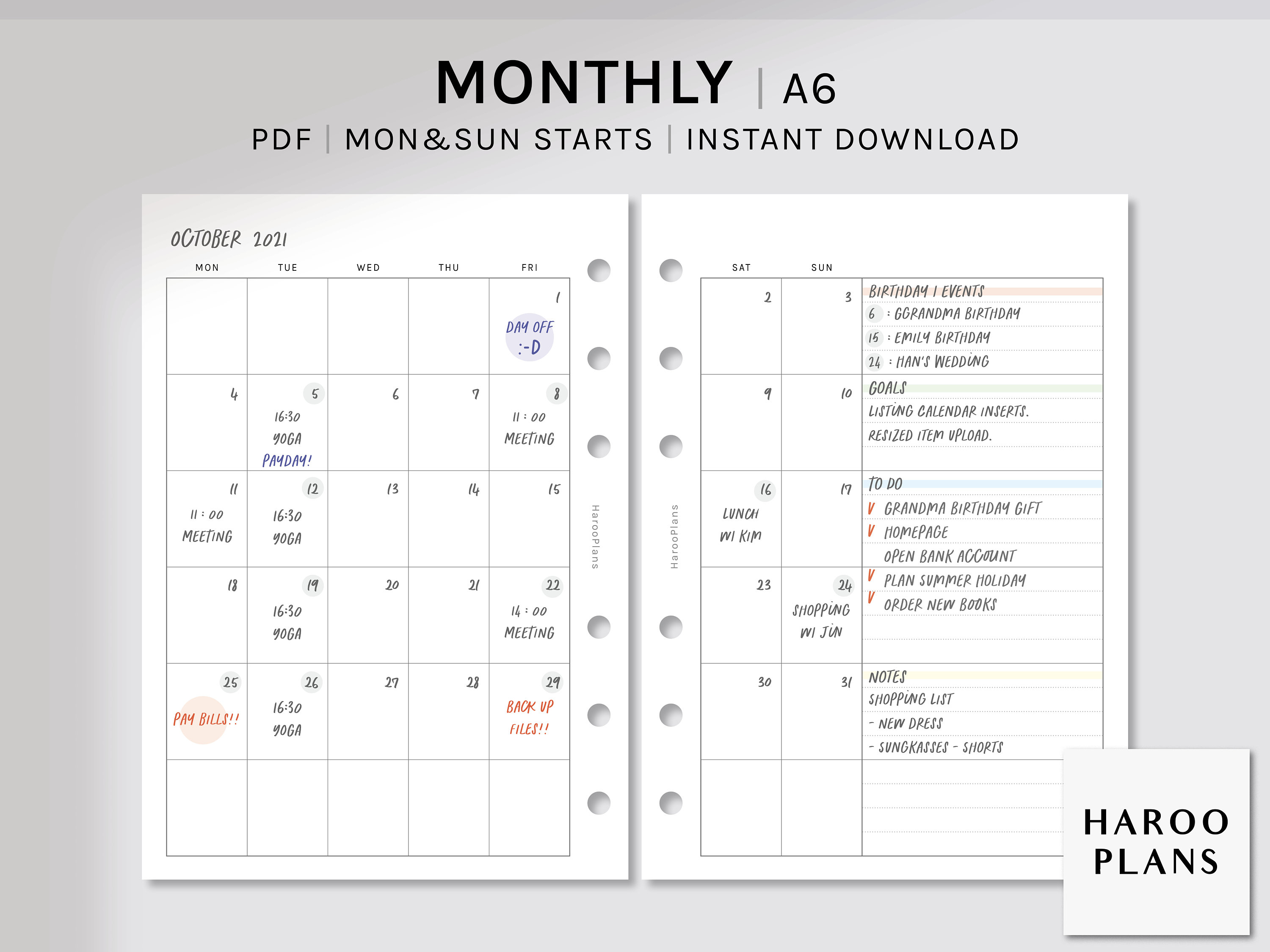 Undated Monthly Planner | A6 Size Printable Inserts | Simple MO2P ...