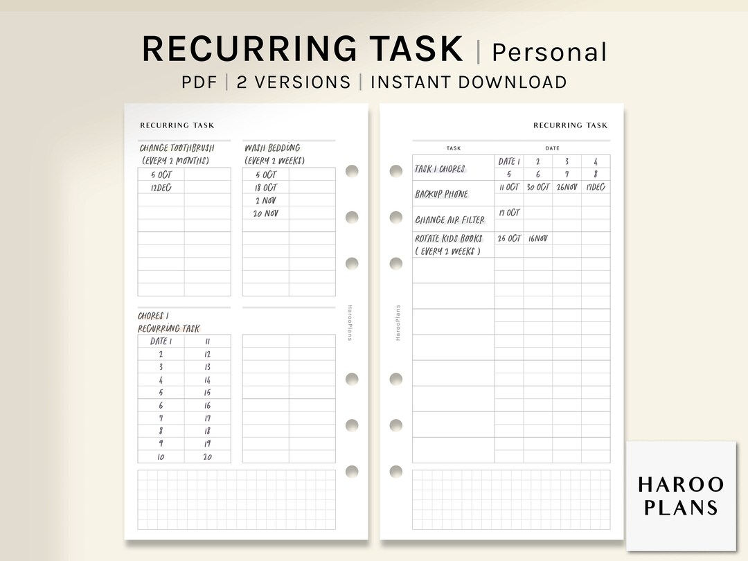 Recurring Task Log | Personal Size Printable Planner Inserts | Chores Tracker Template | When ...