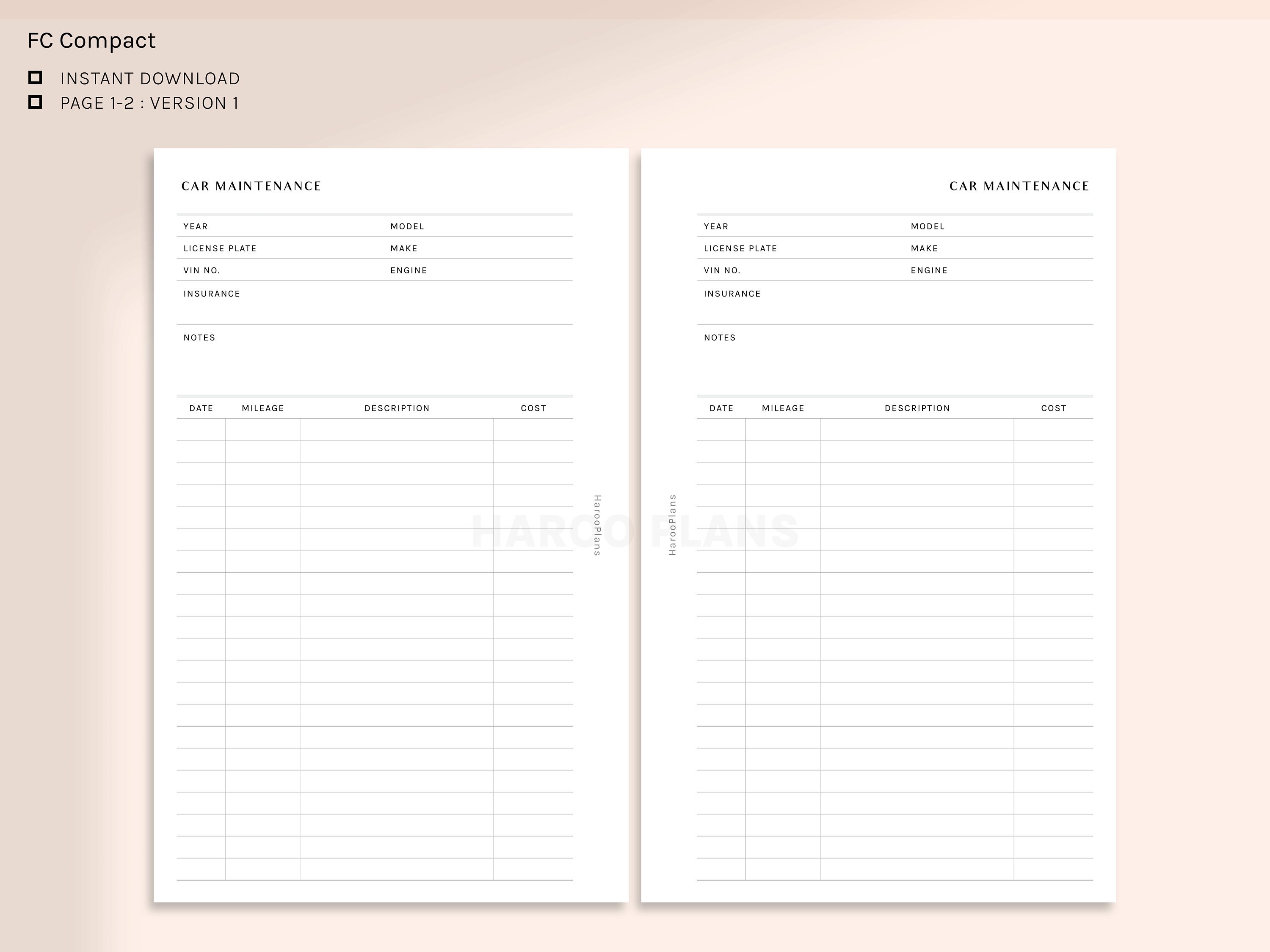 Car Maintenance | FC Compact Size Printable Planner Inserts | Auto ...