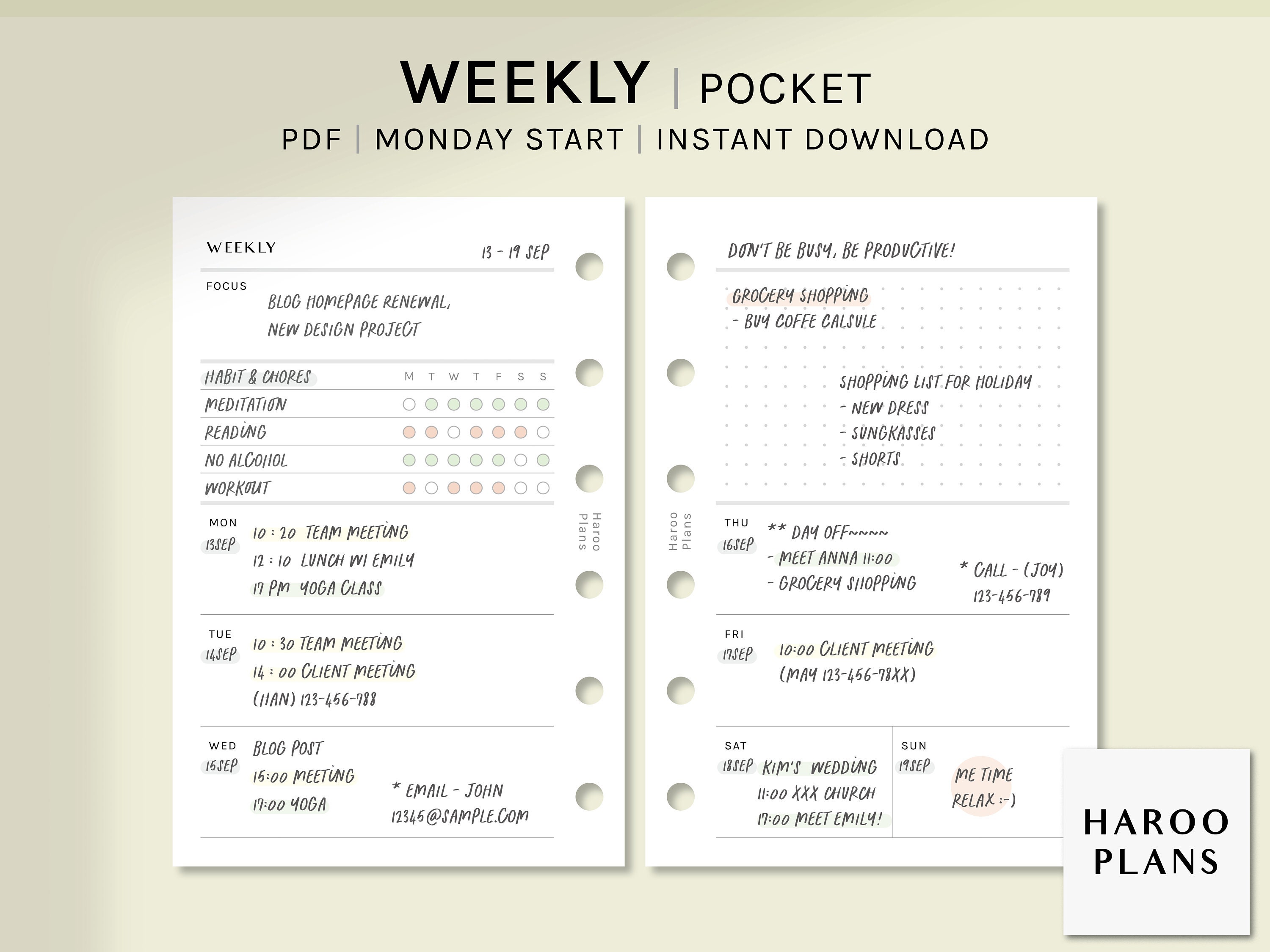 Simple Weekly Pocket Ring Printable Planner Inserts - Etsy