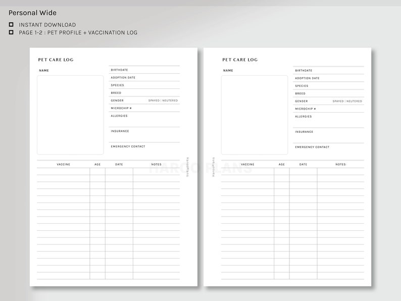 Pet Care Log Personal Wide Printable Planner Inserts - Etsy
