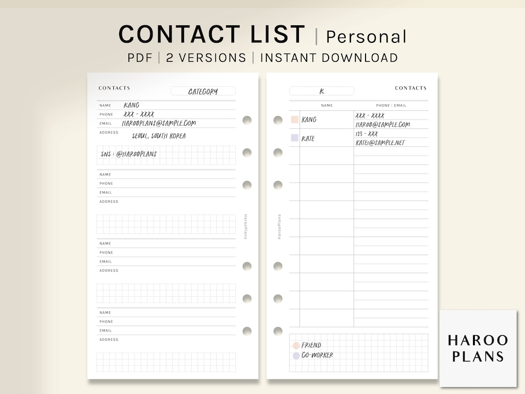 Contact List Sheet | Personal Printable Planner Inserts | Phone Number ...