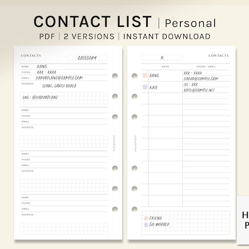 Printable Contacts List Personal Planner Inserts Emergency - Etsy
