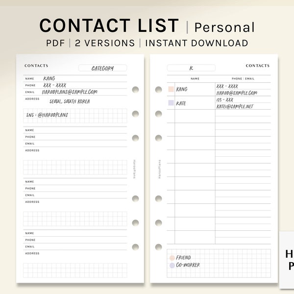 Contact List for Personal Planner - Etsy