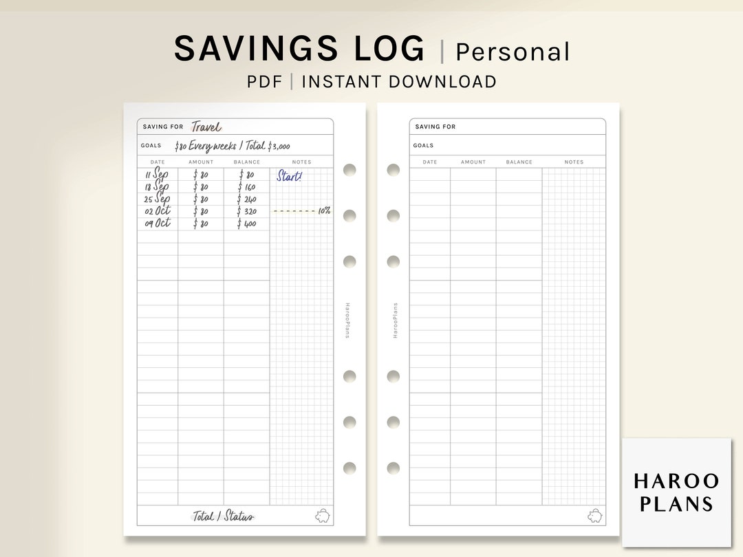 Savings Log | Personal Size Printable Planner Inserts | Financial ...