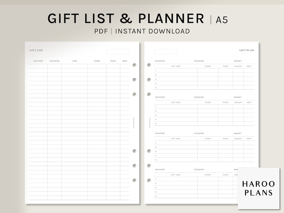 Gift Giving List | A5 Printable Planner Inserts | Gift Log Template for ...