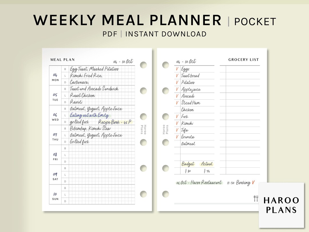 Meal Plan With Grocery List | Pocket Size Printable Planner Inserts ...