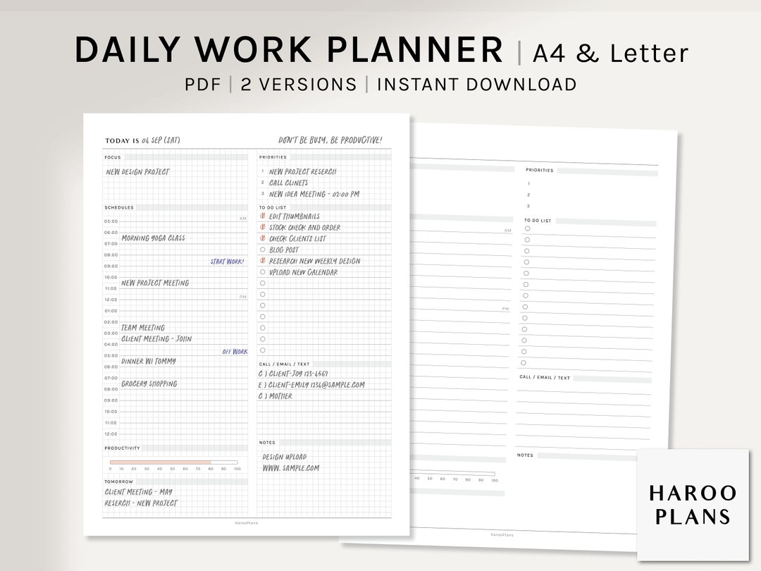 Daily Work Planner | A4, US Letter Printable Inserts | Productivity ...