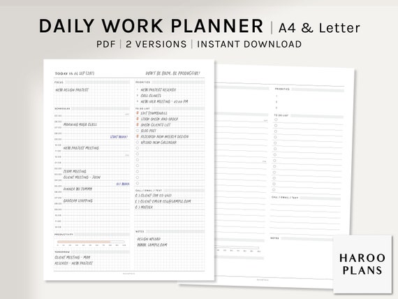 Daily Work Planner A4 US Letter Printable Inserts - Etsy
