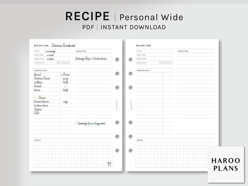 Recipe Sheet | Personal Wide Printable Planner Inserts | Blank Cook ...