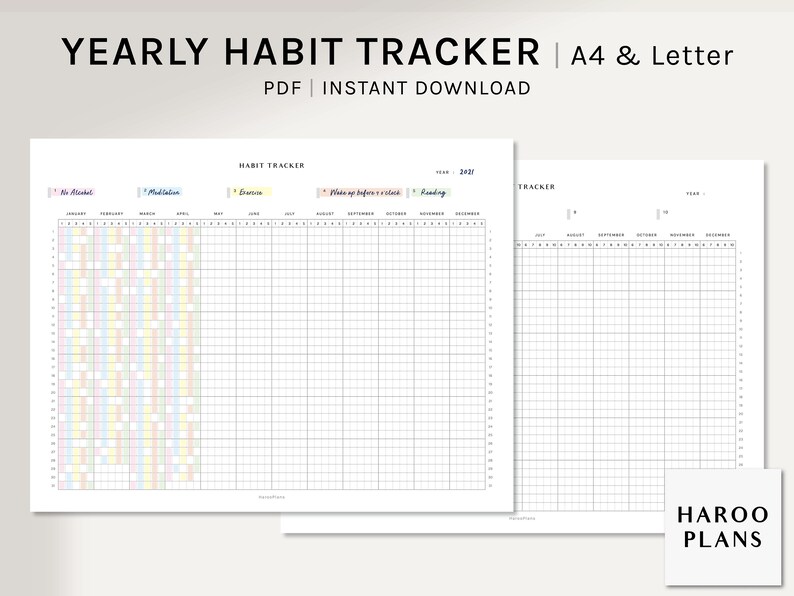 Yearly Habit Tracker A4 US Letter Size Printable Planner | Etsy