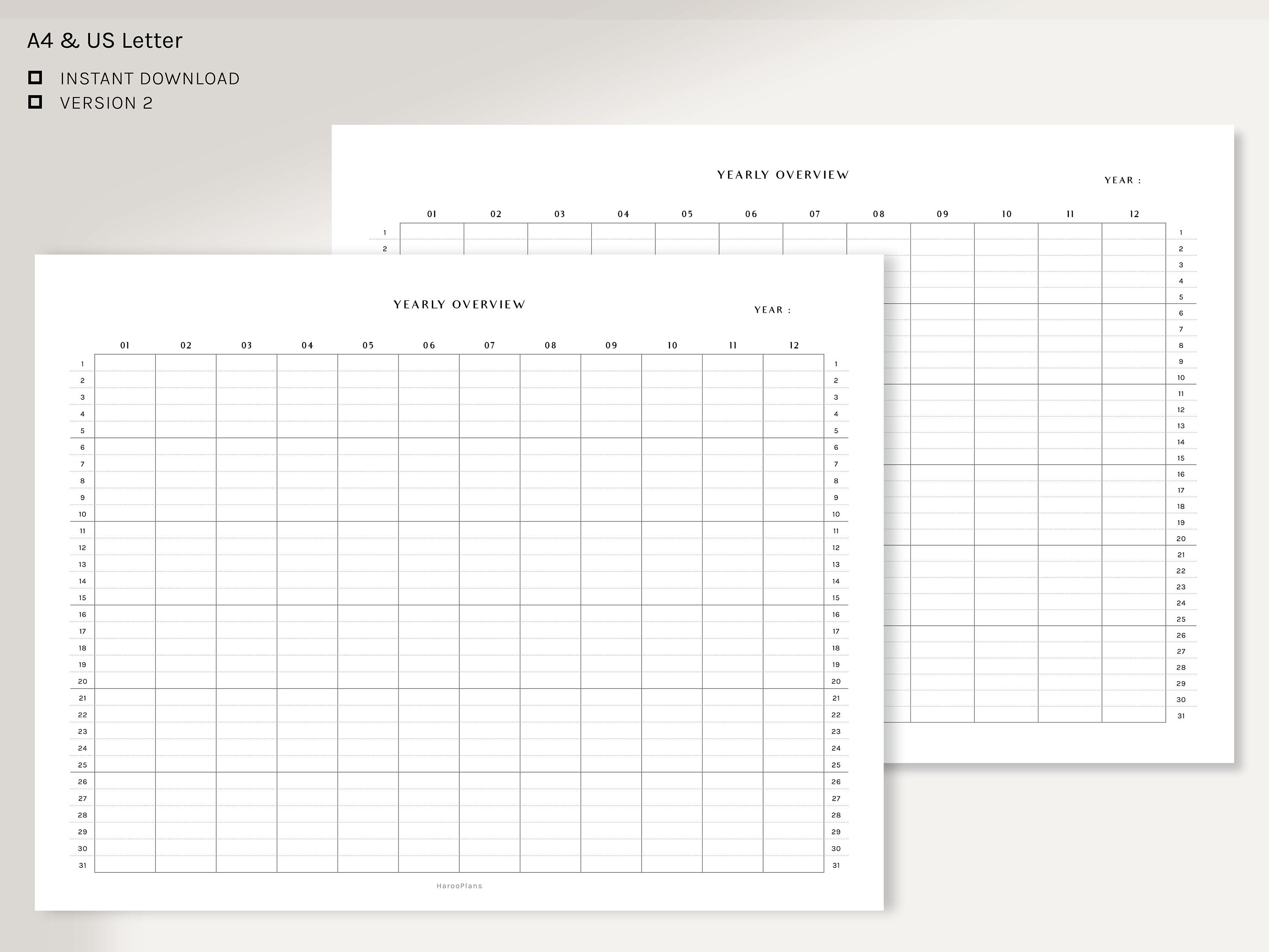 Undated Yearly Overview A4 US Letter Printable Planner - Etsy