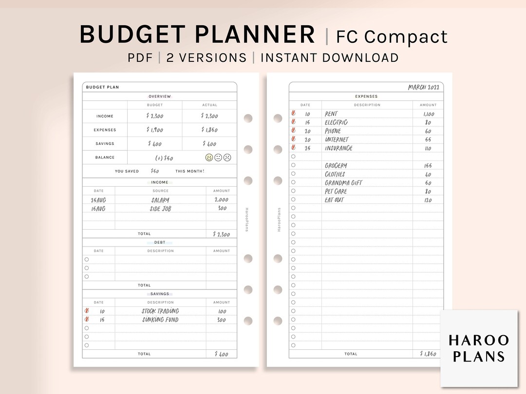 Budget Planner | FC Compact Size Printable Inserts | Finance Template Sheet | Income and Expense ...