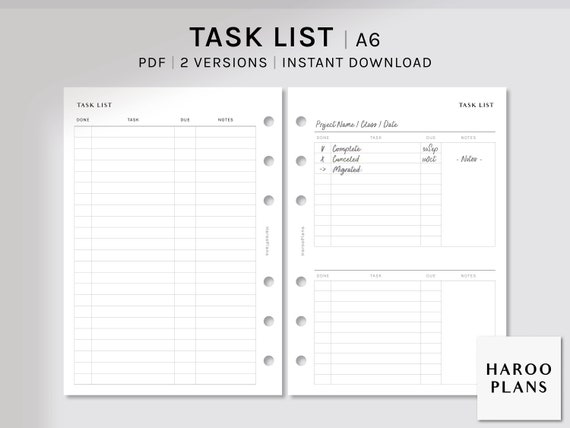 Task List A6 Printable Planner Inserts to Do List Template | Etsy
