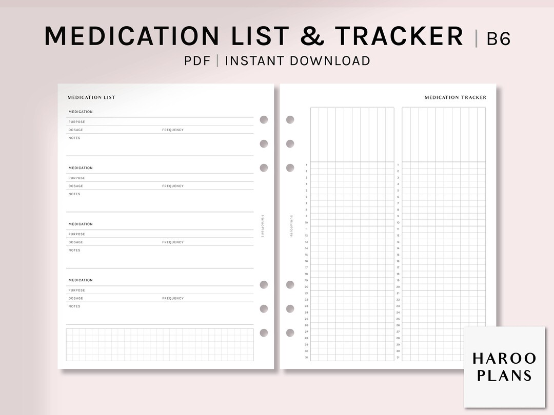 Medication List & Tracker Sheet | B6 Ring Printable Planner Inserts | Medicine Pill Supplements ...