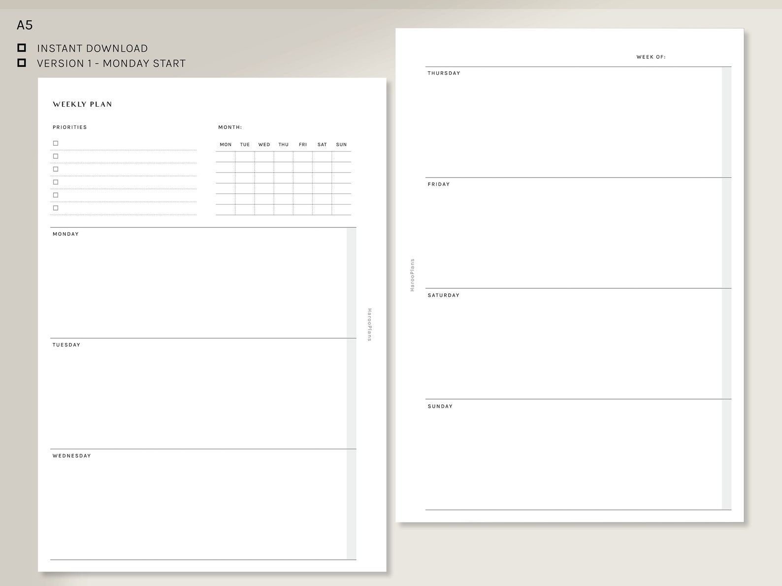 Simple Weekly Planner | imprimable A5 | modèle PDF | Mise en page WO2P ...