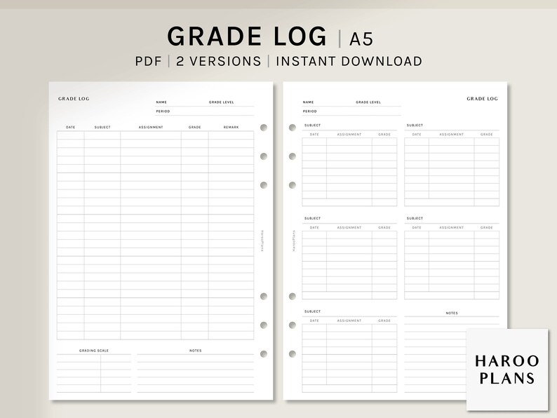 Grade Log Sheet A5 Printable Planner Inserts Simple - Etsy