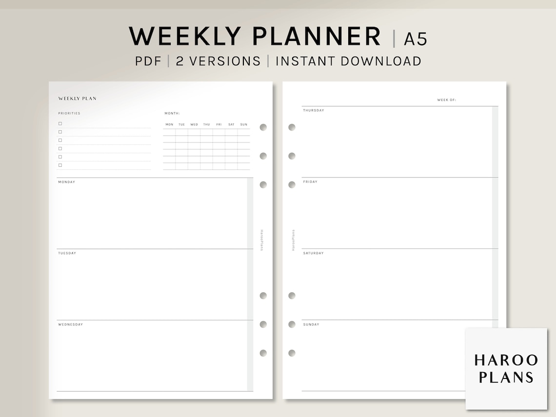Simple Weekly Planner imprimable A5 modèle PDF Mise en - Etsy France