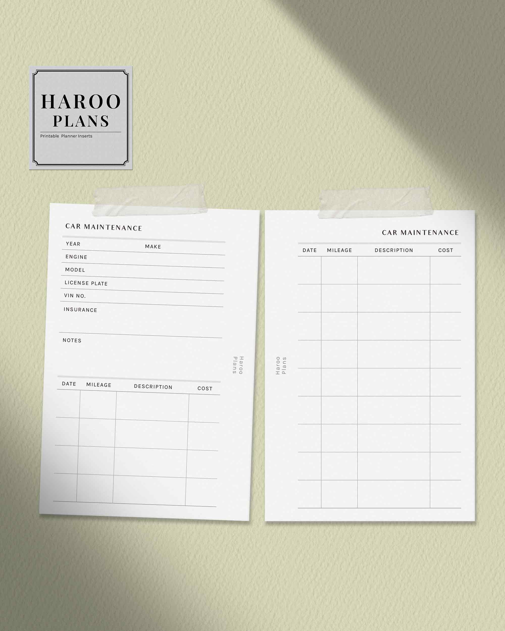Car Maintenance | Pocket Size Printable Planner Inserts | Simple Auto ...