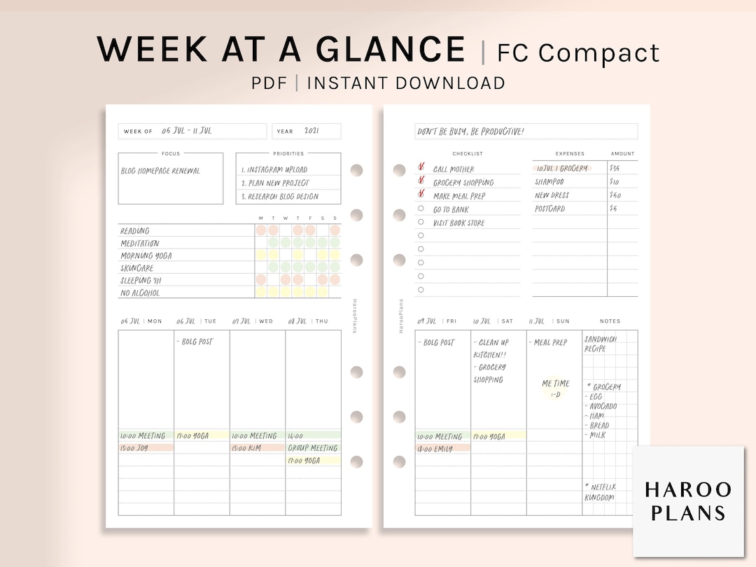 Week at a Glance | FC Compact Size Printable Planner Inserts | Weekly ...