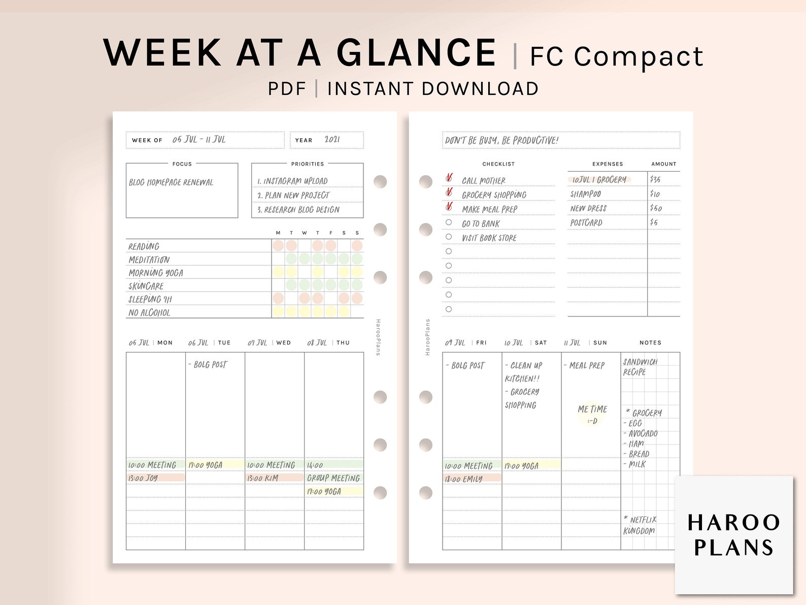 Week at a Glance | FC Compact Size Printable Planner Inserts | Weekly ...