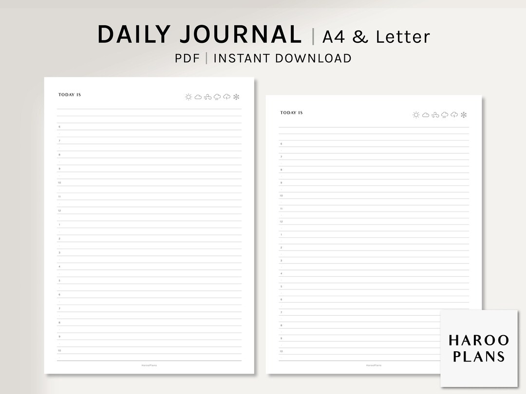 Daily Journal | A4, US Letter Printable Planner Inserts | Simple Lined ...