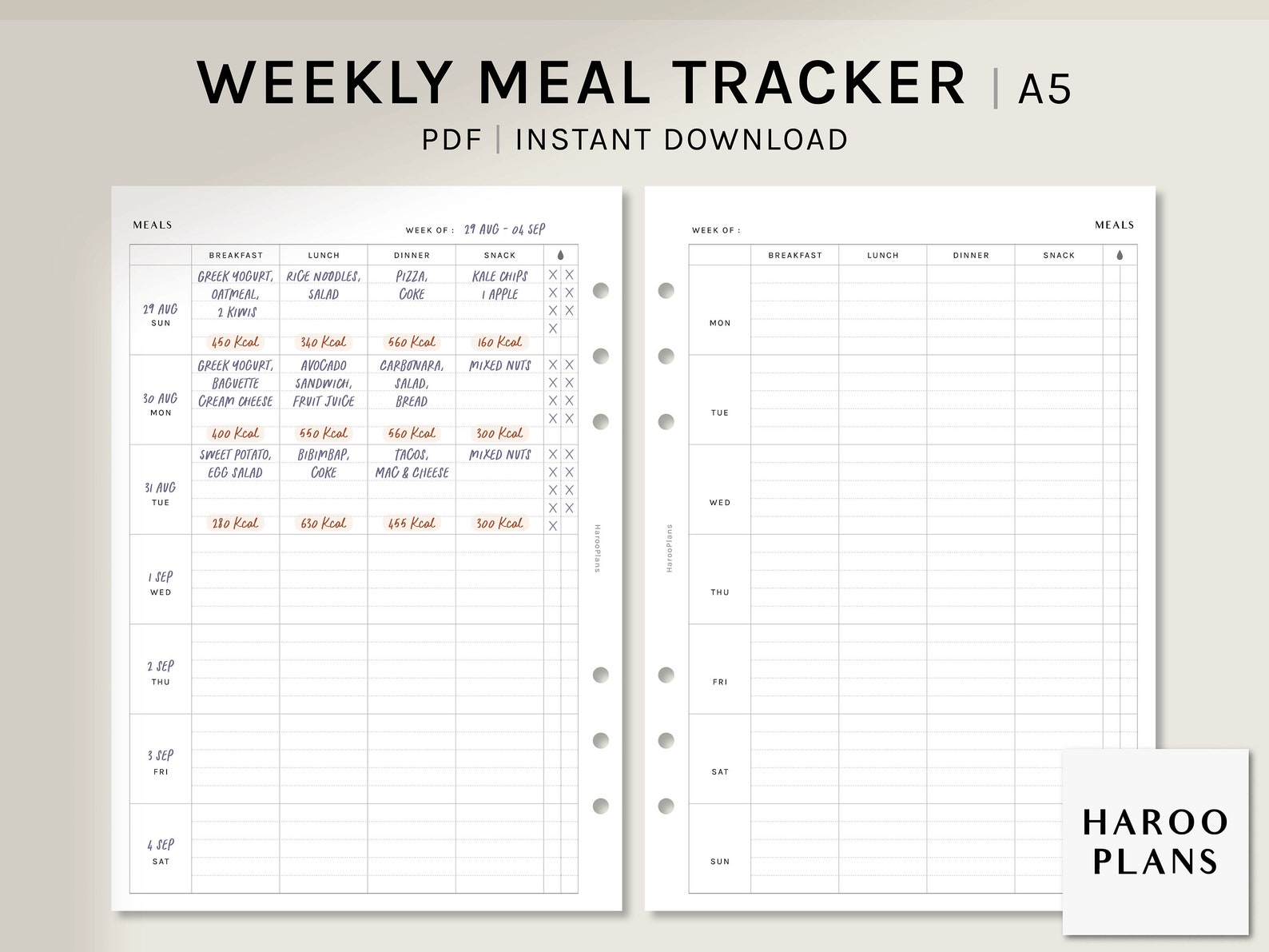 Weekly Meal Tracker A5 Printable Planner Inserts Food Log - Etsy