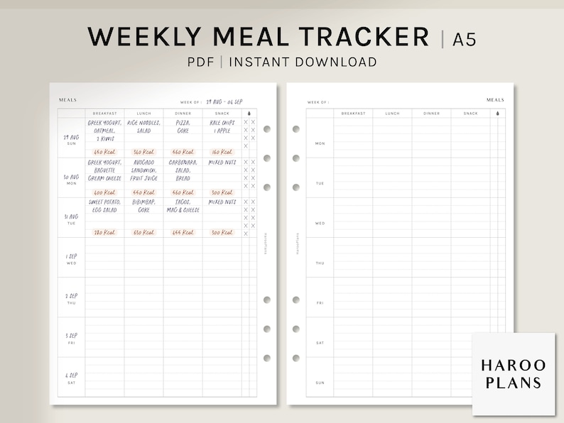 Weekly Meal Tracker A5 Printable Planner Inserts Food Log - Etsy