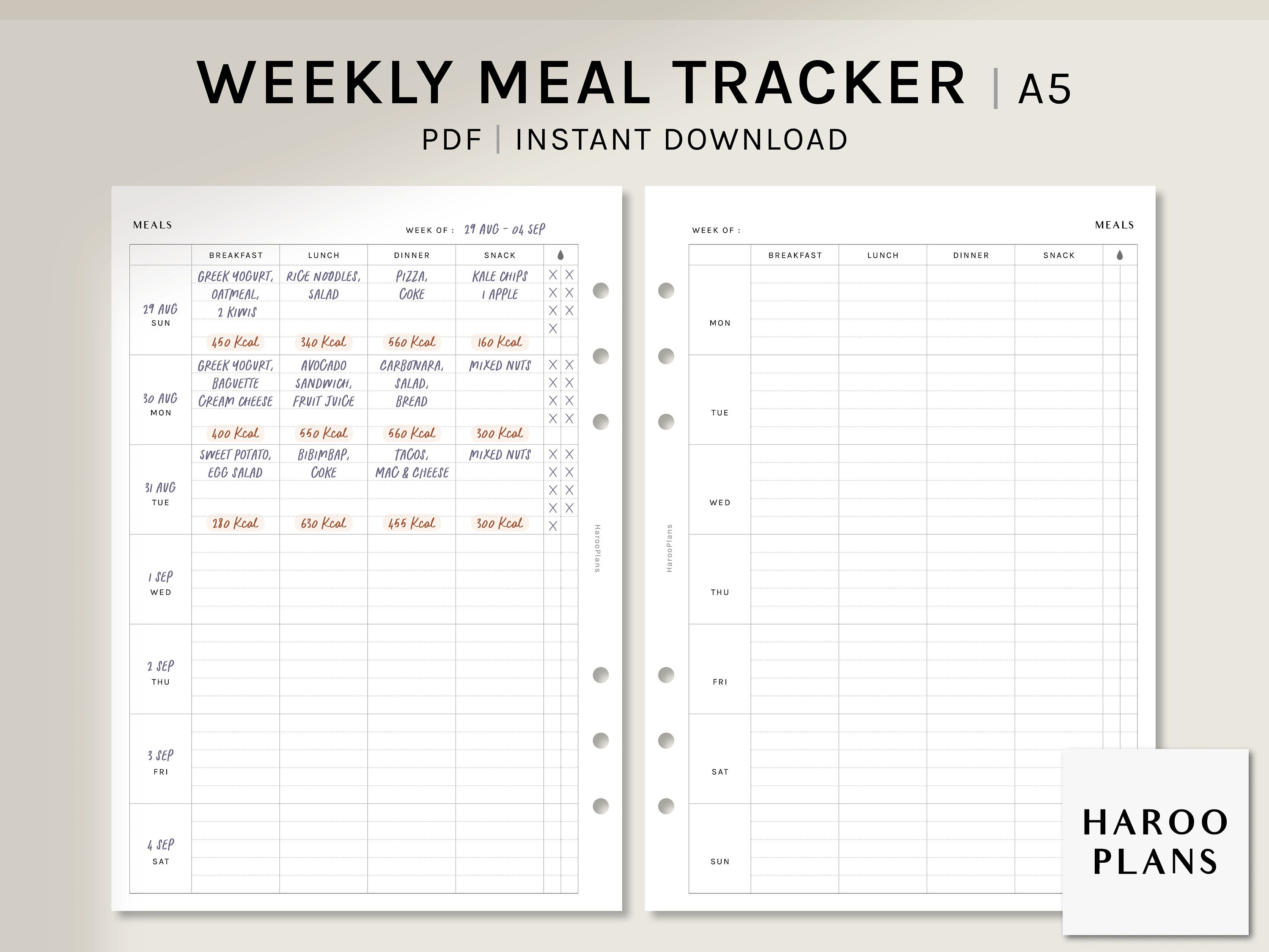 Weekly Meal Tracker A5 Printable Planner Inserts Food Log - Etsy