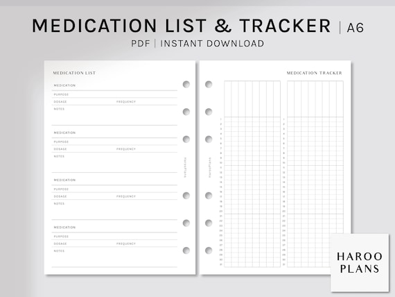 Medication List & Tracker A6 Printable Planner Inserts | Etsy