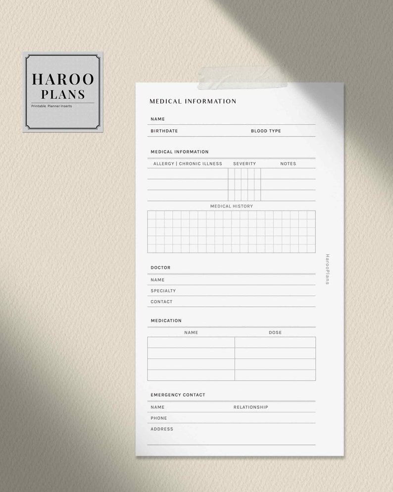 Medical Information | Personal Size Printable Planner Inserts | Simple ...