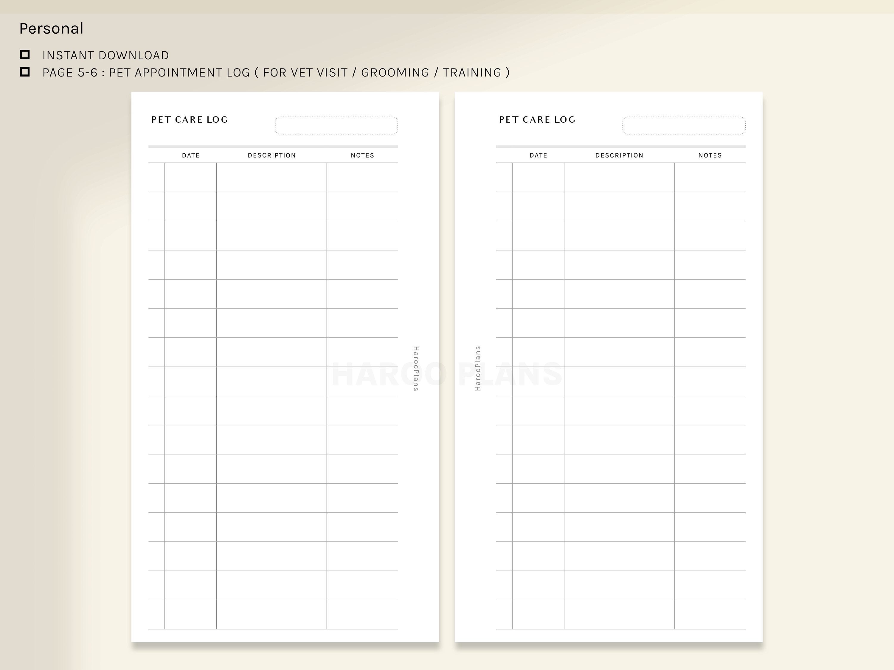 Pet Care Log | Personal Size Printable Planner Inserts | Animal Profile ...