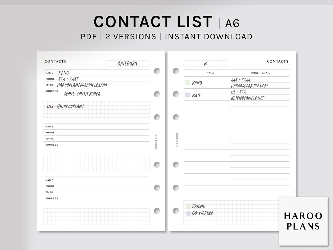 Contact List Sheet | A6 Printable Planner Inserts | Simple Phone Number ...