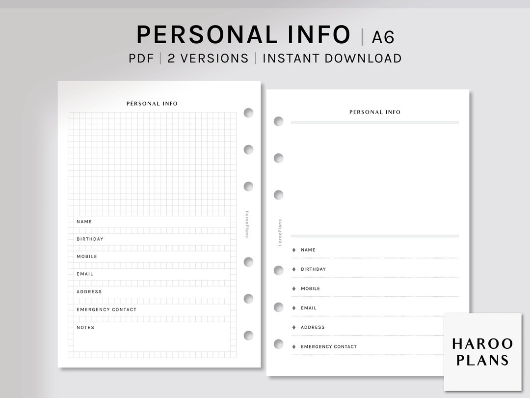 Personal Information Page | A6 | Personal Data Sheet Printable Planner ...