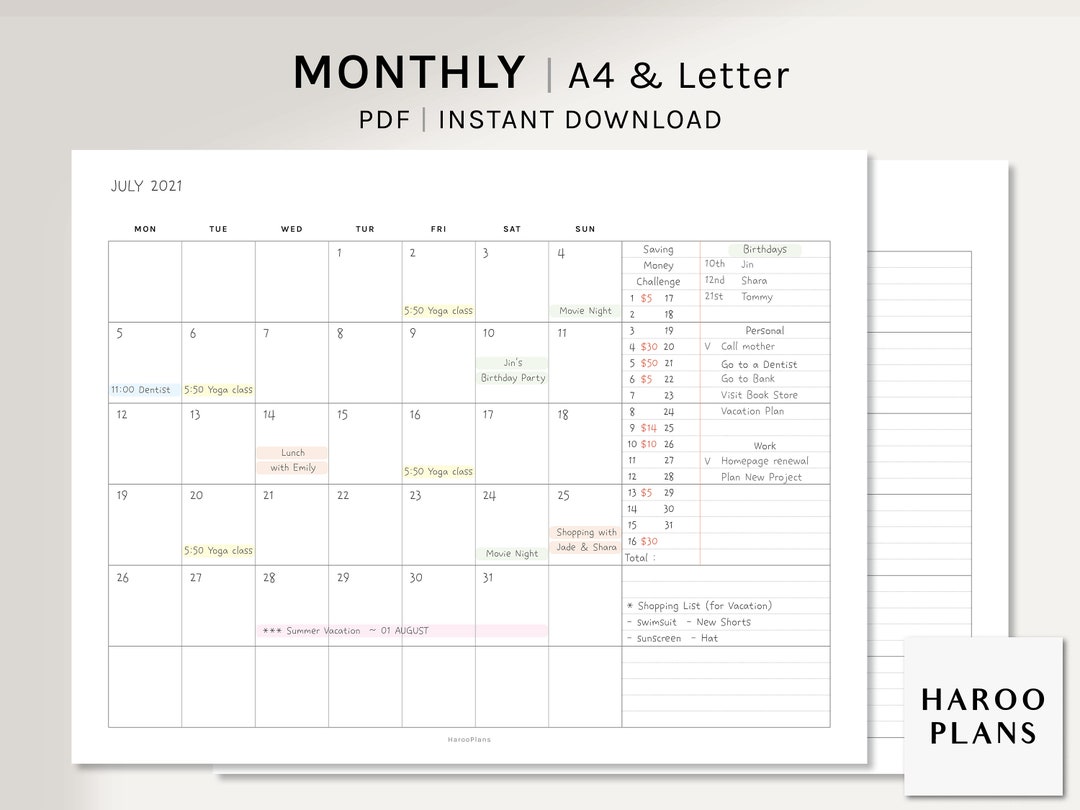 Undated Monthly Planner | A4, US Letter Size Printable Planner ...