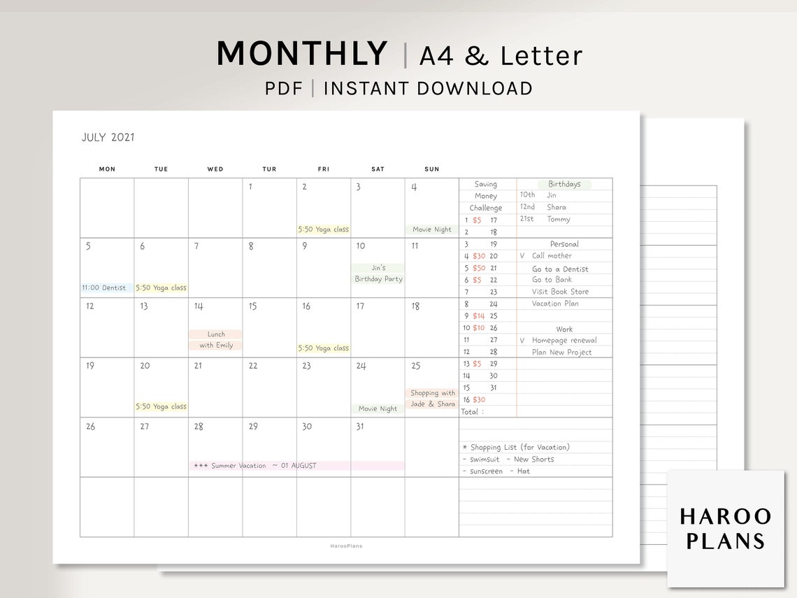 Undated Monthly Planner A4 US Letter Size Printable Planner | Etsy
